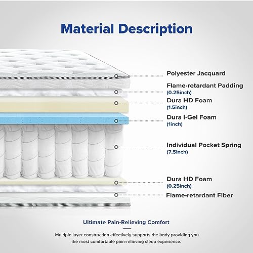 Olee Sleep King Mattress, 10 Inch Plush Cloud Hybrid Mattress, Gel Infused Memory Foam, Pocket Spring for Support and Pressure Relief, CertiPUR-US Certified, Bed-in-a-Box, Soft, King Size