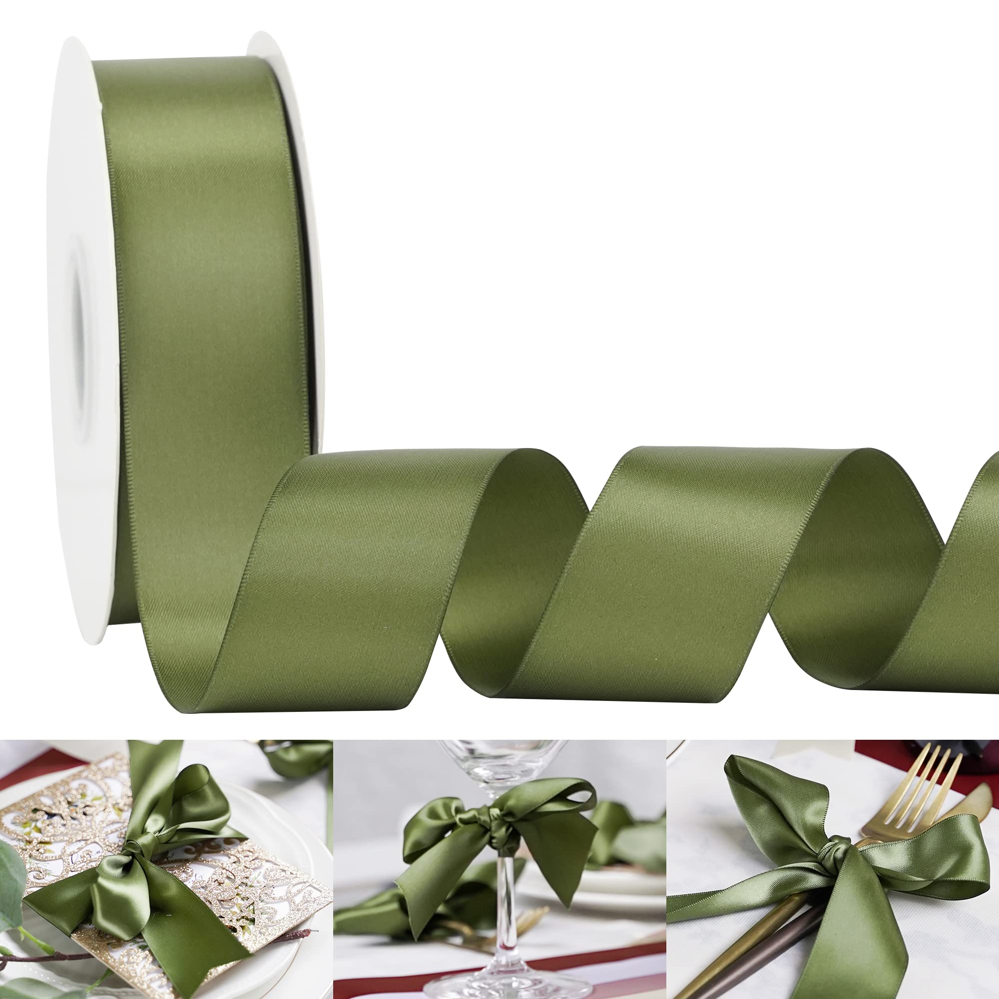 HUIHUANG 1-1/2 inch Double Face Satin Ribbon, Polyester Moss Green Ribbon 50 Yards Per Roll for Gift Wrapping Bows Making Floral Bouquet Wedding Invitations Decor Party Favor and Craft Supplies