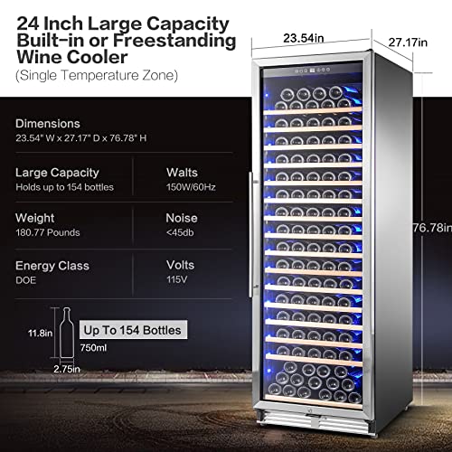 BODEGA 24 Inch Wine Cooler, 176 Bottles Wine Refrigerator with High-Capacity, Built-in & Freestanding Wine Fridge with Advanced Cooling Compressor for Red, Rose and Sparkling Wines,Quiet Operation