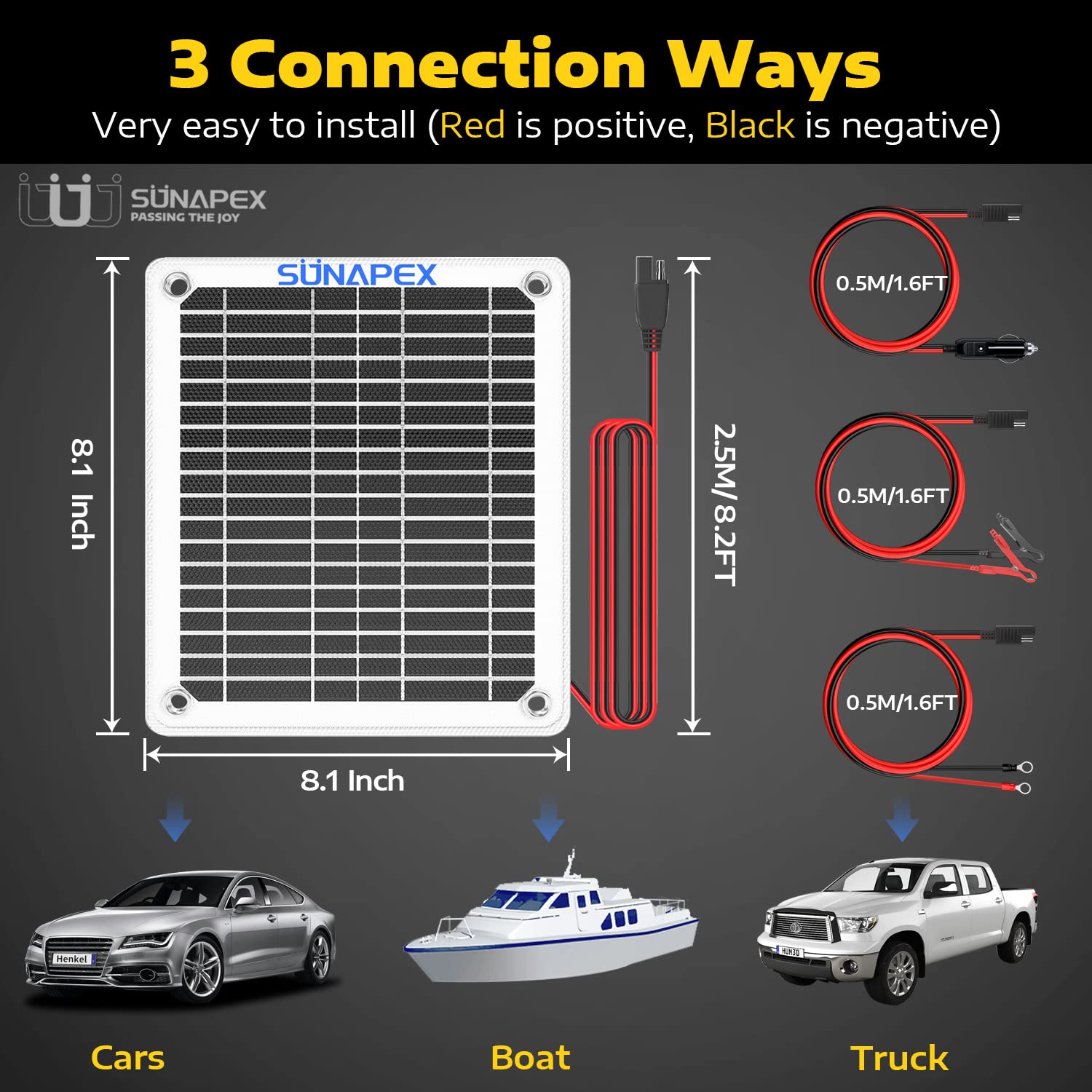SUNAPEX Solar Battery Charger Maintainer, 5W 12V Portable Waterproof Solar Panel Trickle Charger with Built-in Charge Controller, Cig Plug, Alligator Clips, O-Rings for Car, Truck,Tractor, Boat, etc