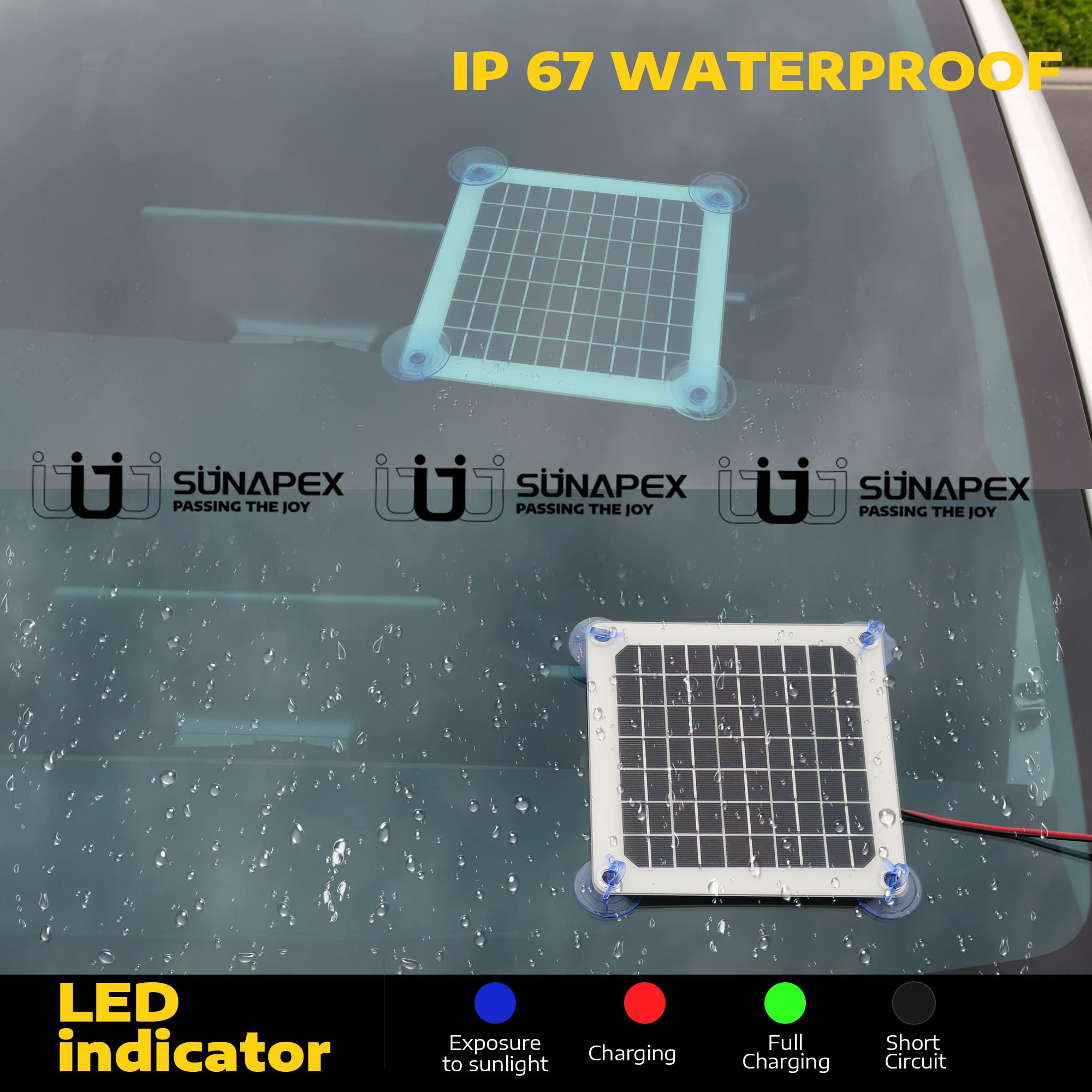 SUNAPEX Solar Battery Charger Maintainer, 5W 12V Portable Waterproof Solar Panel Trickle Charger with Built-in Charge Controller, Cig Plug, Alligator Clips, O-Rings for Car, Truck,Tractor, Boat, etc