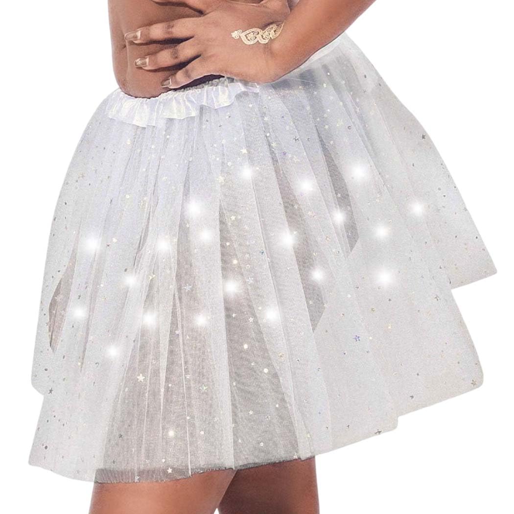 DRESBE Women's LED Skirt Light Up Star Tutus Glow Tulle Dance Skirts Party Rave Festival Halloween Clothes (White - White Light)