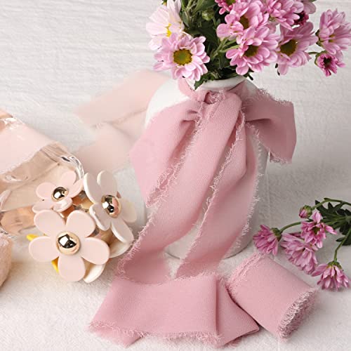 Furnizone Chiffon Silk Ribbon for Gift Wrapping, Pink Red Ribbon for Wedding Invitation Bouquet, 3 Rolls 1.5" Wide x 7 Yd Gift Wrapping Ribbon, with 10Pcs Wax Seal Stickers