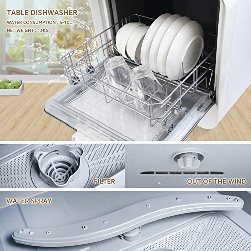 HAIMIM Portable Countertop Dishwasher,4 Washing Programs, Air-Dry Function and LED Light for Small Apartments, Dorms and RVs (Whites)