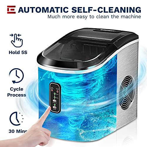 EUHOMY Ice Maker Machine Countertop, 26 lbs in 24 Hours, 9 Cubes Ready in 8 Mins, Electric ice Maker and Compact Potable ice Maker with Ice Scoop and Basket. Perfect for Home/Kitchen/Office.(Sliver)