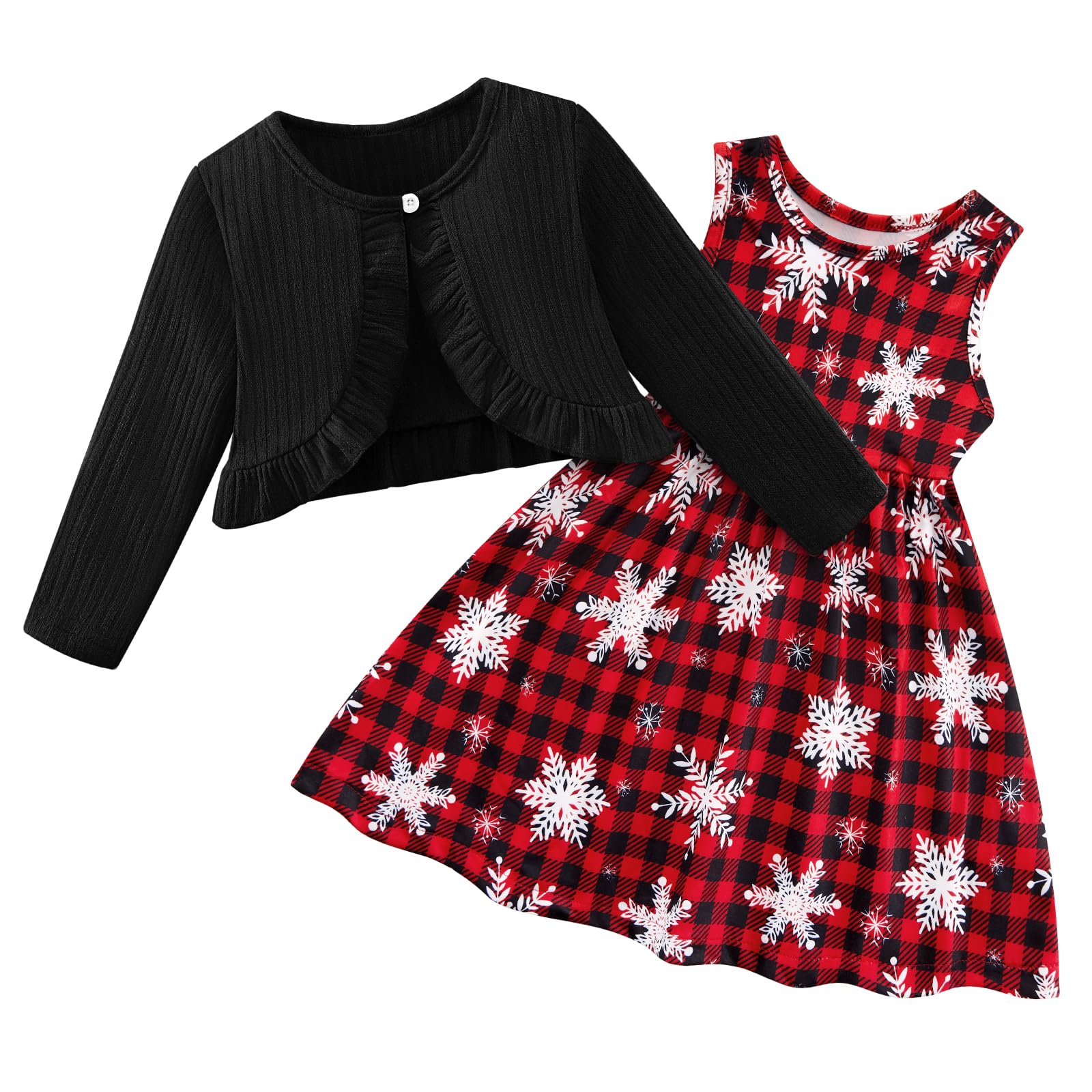 Baby Girl Holiday Dress Outfit Christmas Clothes Set Toddler Christmas Print Plaid Tank Dress and Red Ruffle Cardigan 4-5 Years