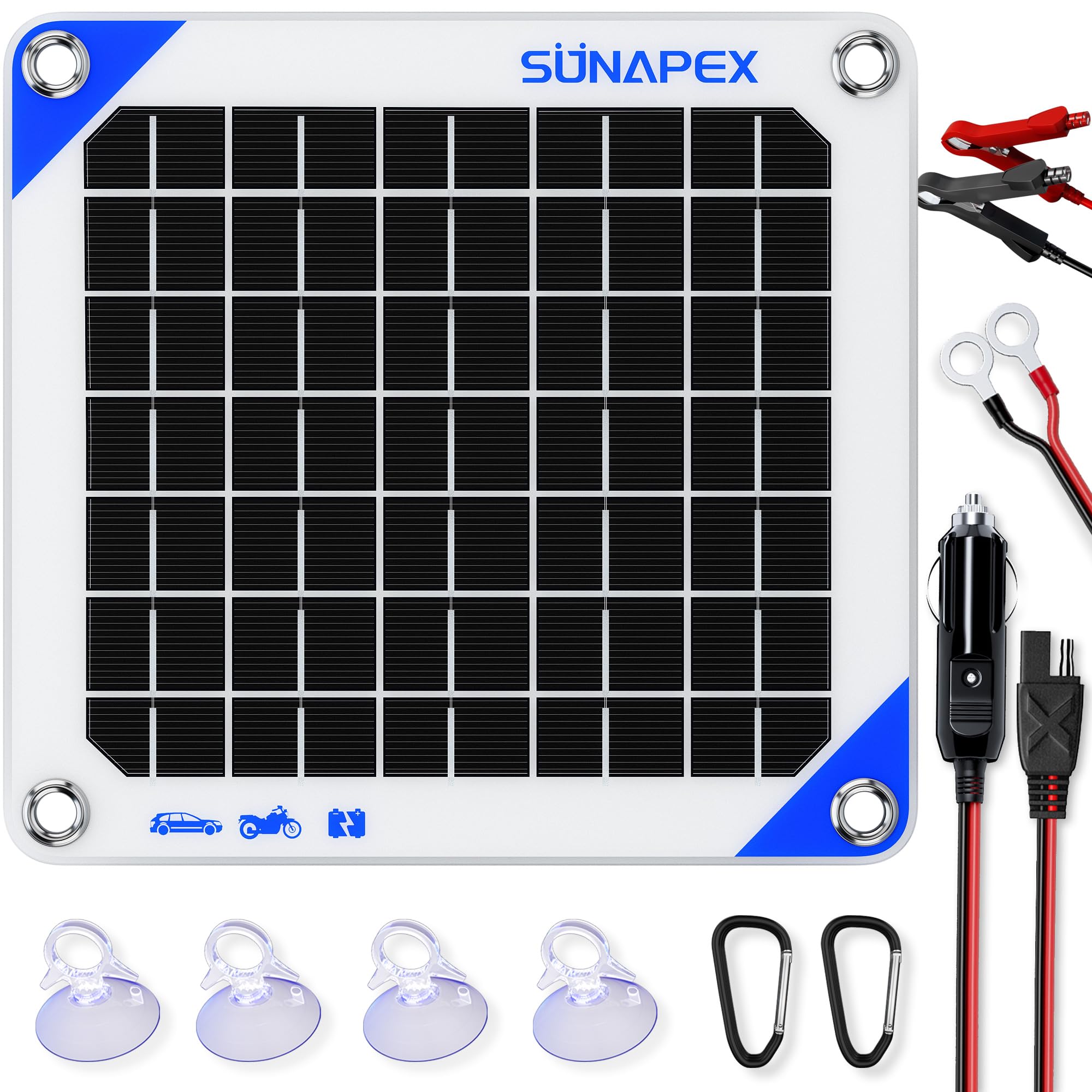 SUNAPEX Solar Battery Charger Maintainer, 5W 12V Portable Waterproof Solar Panel Trickle Charger with Built-in Charge Controller, Cig Plug, Alligator Clips, O-Rings for Car, Truck,Tractor, Boat, etc