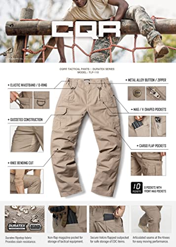 CQR Men's Tactical Pants, Water Resistant Ripstop Cargo Pants, Lightweight EDC Work Hiking Pants, Outdoor Apparel, Duratex Ripstop Coyote, 40W x 32L