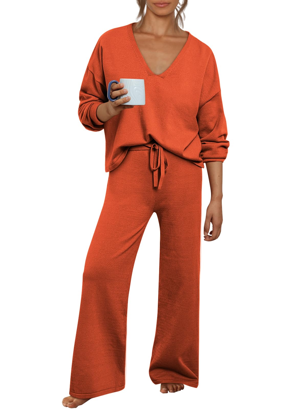 LILLUSORY Women's Two Piece Outfits Sweater set Knit Top Set And Loose Wide Leg Pants Lounge Sweatsuit
