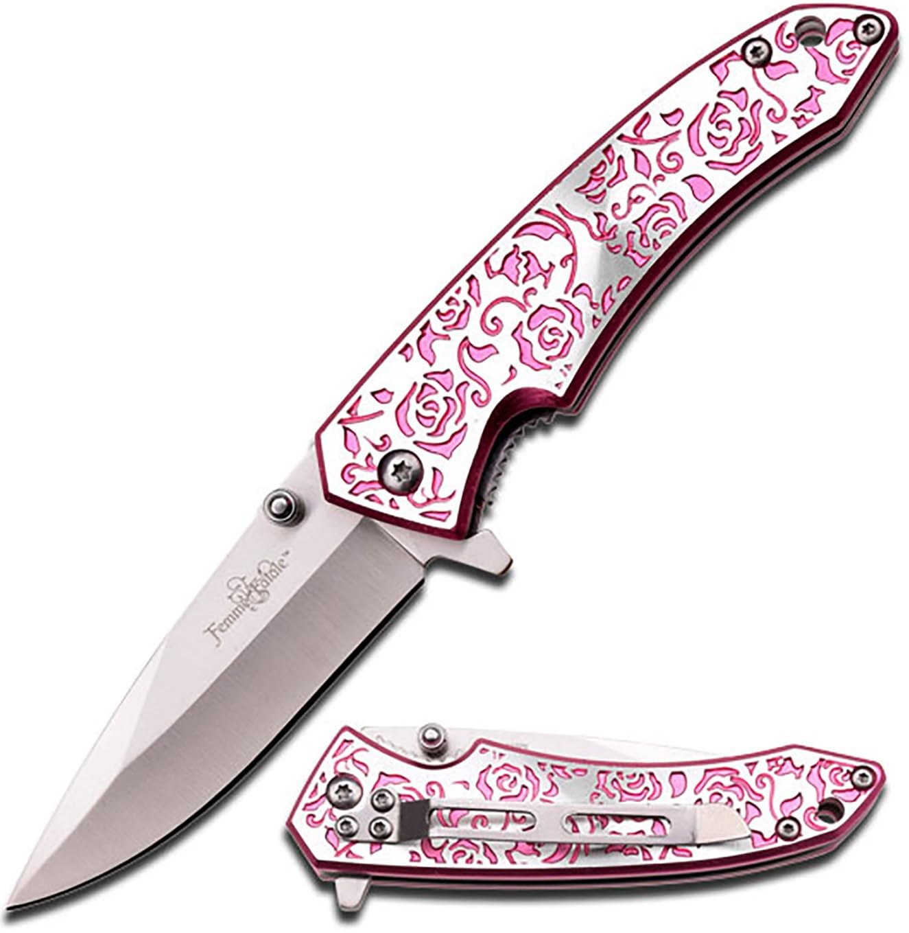 New FEMME FATALE Spring Assisted Open PINK ROSE Ladies Purse Folding Eco'Gift Limited Edition Sharp Elite Knife