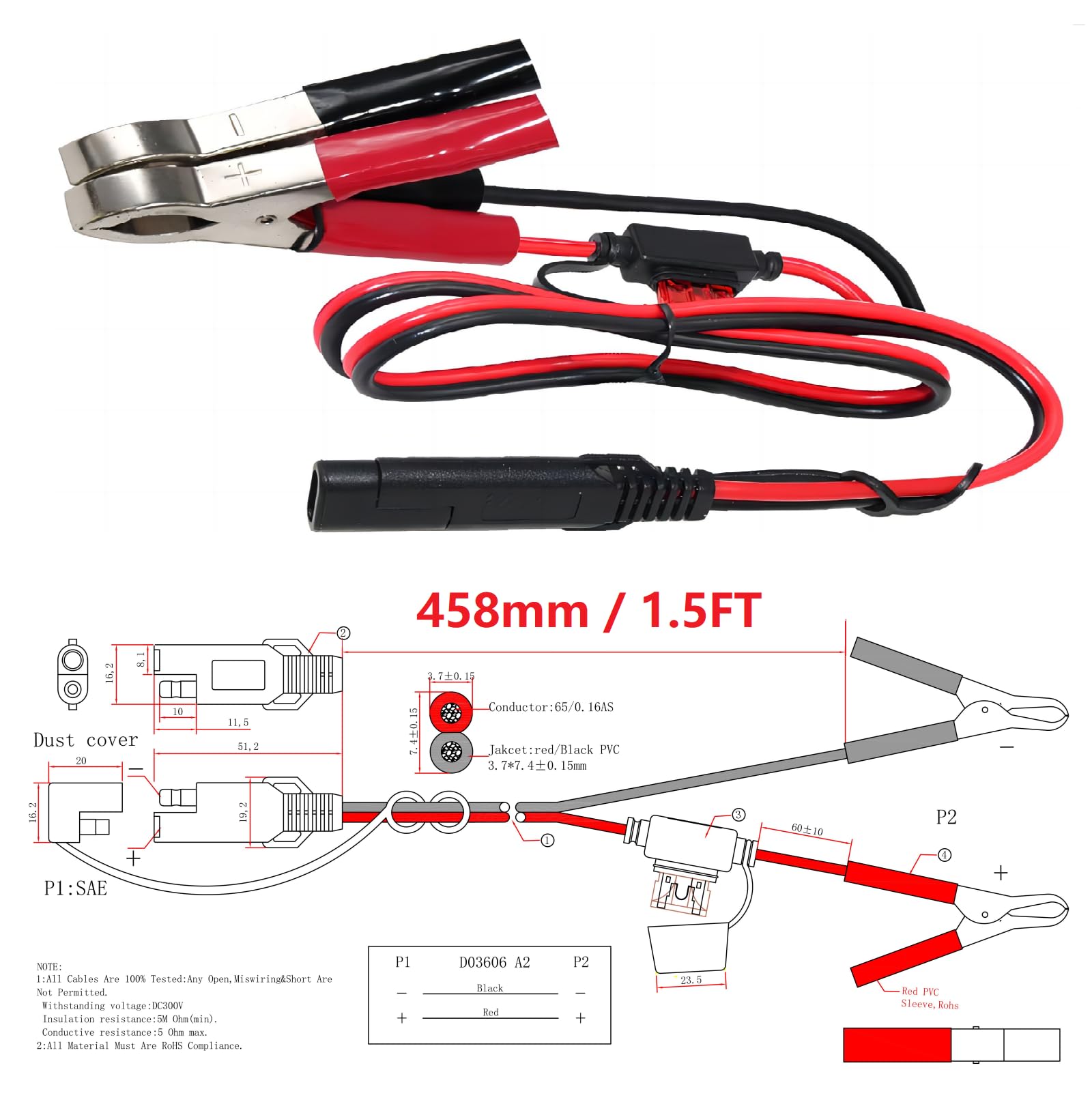 SAE to Battery Alligator Clip - KUNCAN 1.5FT 12V SAE 2Pin Quick Disconnect Cable SAE to Battery Clamp Cord 7.5A Fuse (1 Pack)