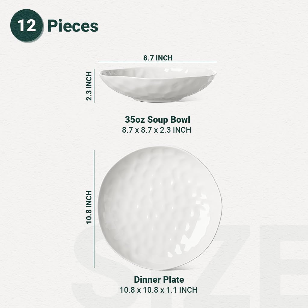 HOMBENE White Dinnerware Set 12 Piece Service for 6, Porcelain Dinnerware Sets, Over Size Plates Sets for Dessert Salad and Pasta, Dishes Set