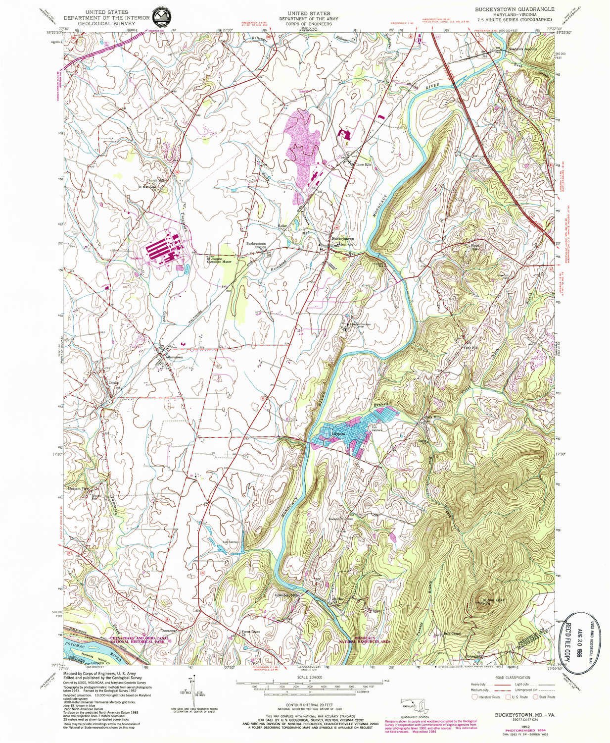 YellowMaps Buckeystown MD topo map, 1:24000 Scale, 7.5 X 7.5 Minute, Historical, 1952, Updated 1986, 26.7 x 22 in - Polypropylene
