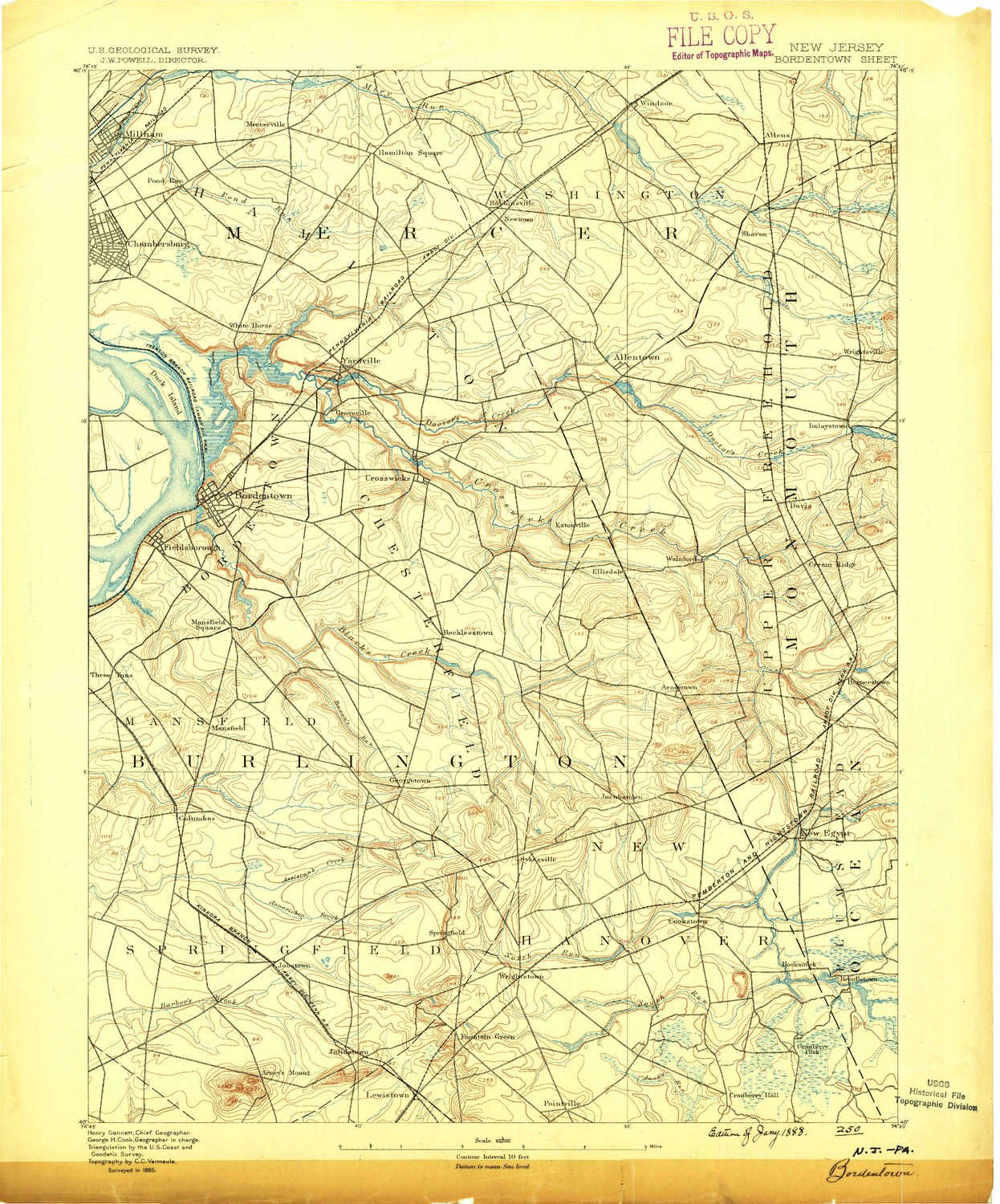 YellowMaps Bordentown NJ topo map, 1:62500 Scale, 15 X 15 Minute, Historical, 1888, 20 x 16.6 in - Paper