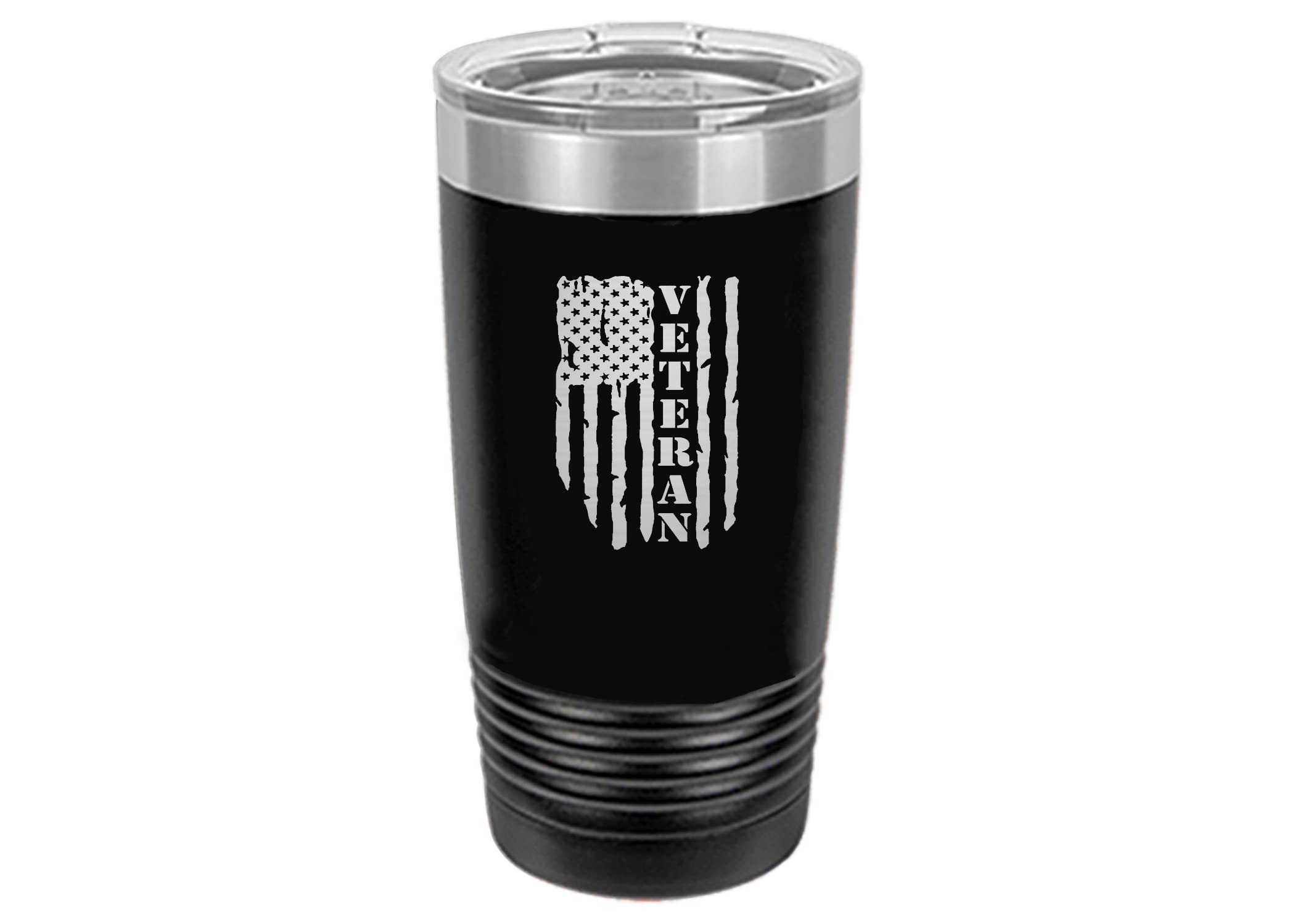 Rogue River Tactical USA Flag Veteran 20 Oz. Travel Tumbler Mug Cup w/Lid Vacuum Insulated Hot or Cold Military Vet Gift (Black)