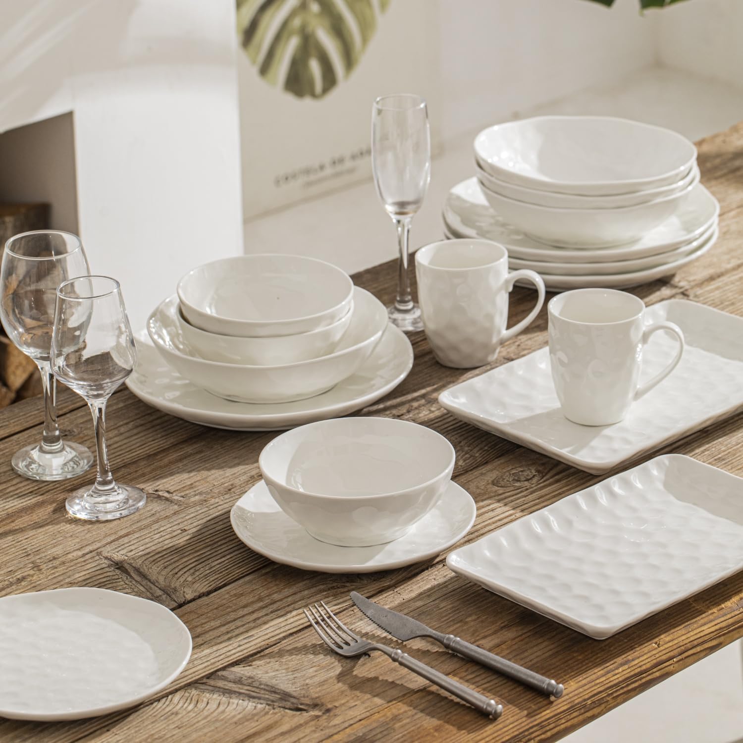 HOMBENE White Dinnerware Set 12 Piece Service for 6, Porcelain Dinnerware Sets, Over Size Plates Sets for Dessert Salad and Pasta, Dishes Set