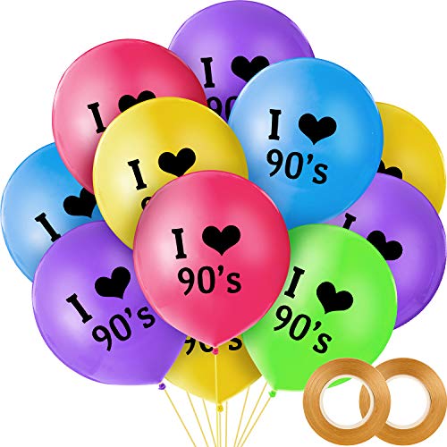 30 Pieces I Love 90s Balloons 90s Latex Balloons and 2 Rolls Gold Ribbons for 90s Themed Birthday Party Throwback Party Decorations, Assorted Colors