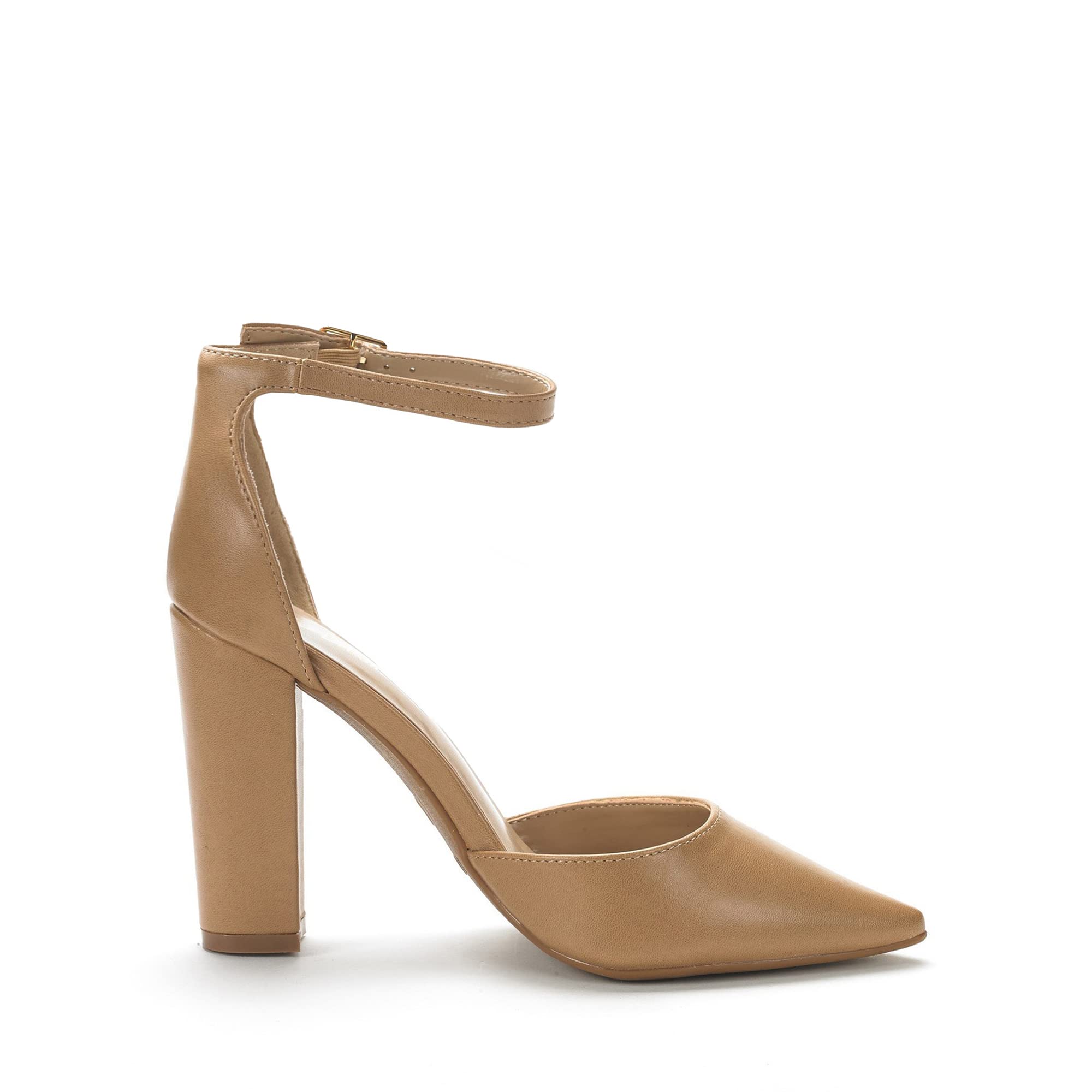 DREAM PAIRS Women's Coco High Heels Chunky Block Pumps Pointed Closed Toe Ankle Strap Dress Shoes,Size 7.5,Nude/Pu,Coco