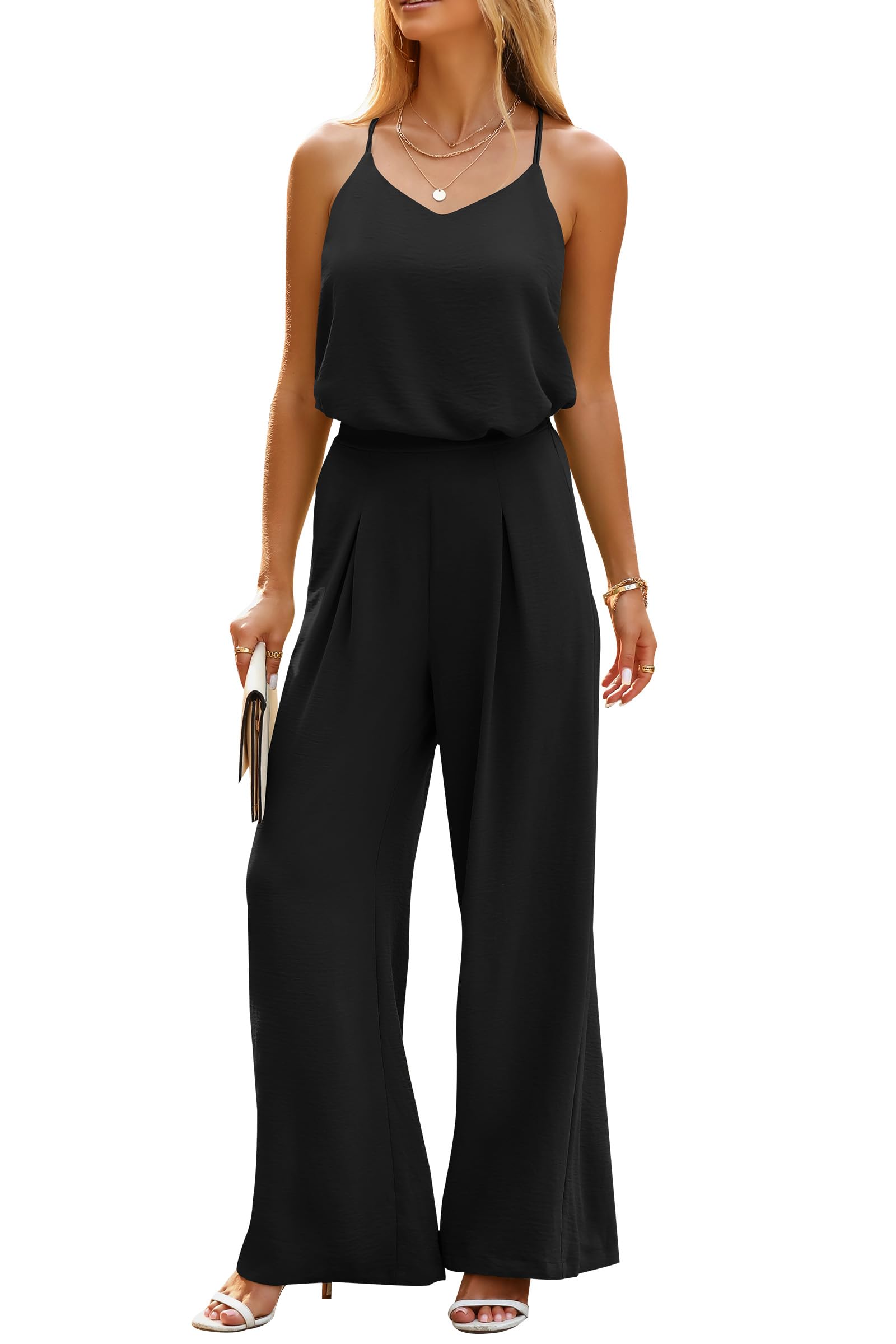 PRETTYGARDEN Women's Summer 2 Piece Set Sleeveless V Neck Cami Top Wide Leg Pants Loose Fit Casual Outfit (Black,X-Large)
