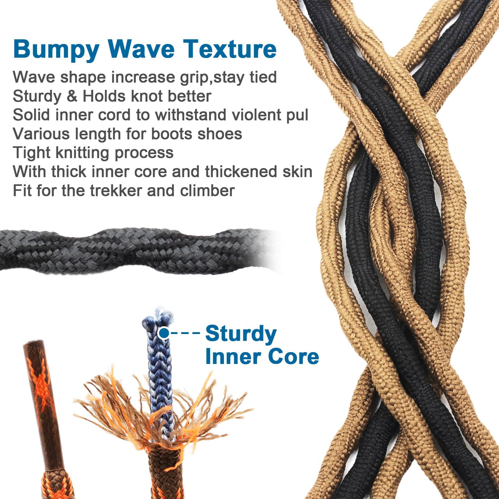 DELELE 2 Pair Round Wave Non Slip Outdoor Mountaineering Climbing Shoe Laces String Rope Blue&Black Hiking Shoelaces Men Women Shoestrings-55 inch