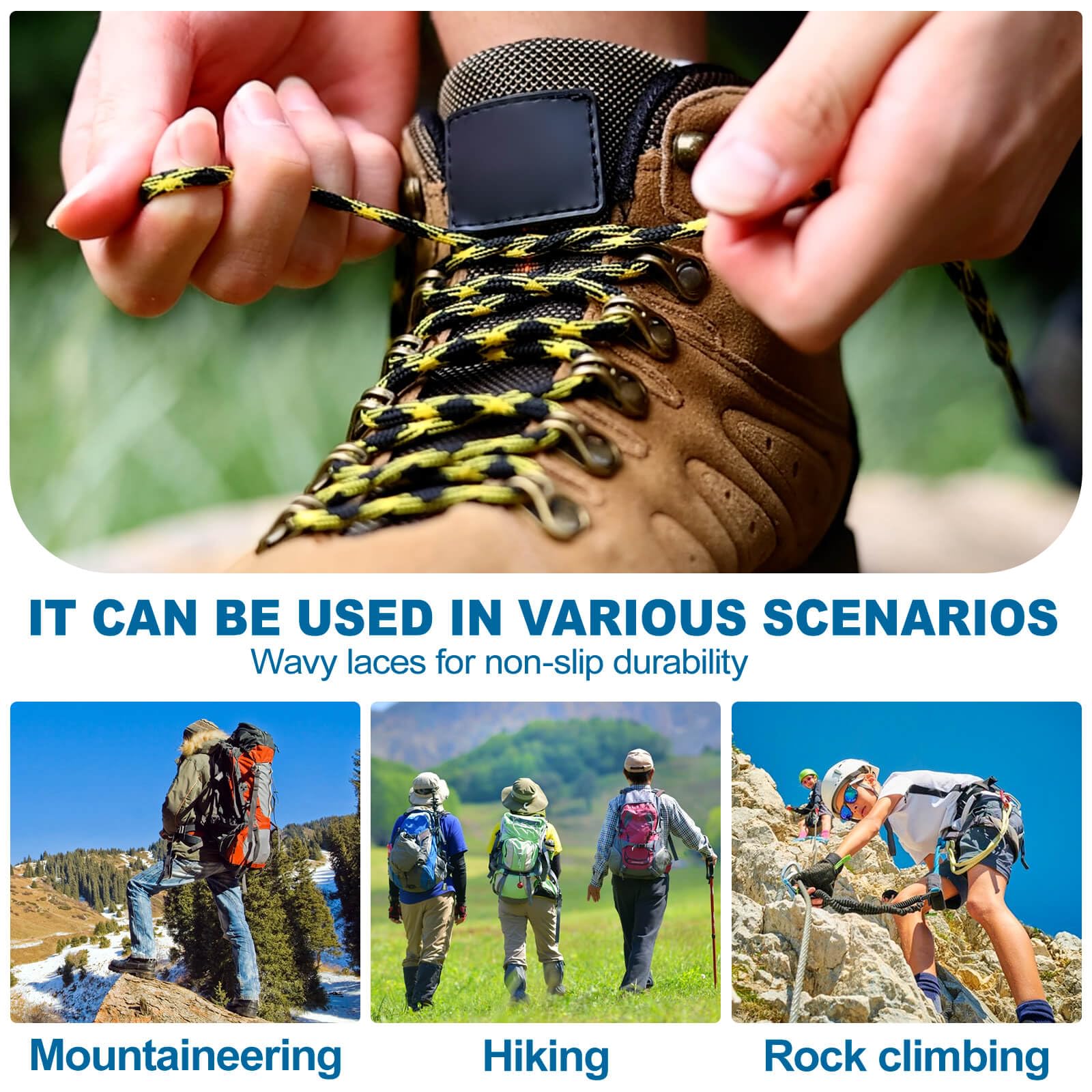 DELELE 2 Pair Round Wave Non Slip Outdoor Mountaineering Climbing Shoe Laces String Rope Blue&Black Hiking Shoelaces Men Women Shoestrings-55 inch