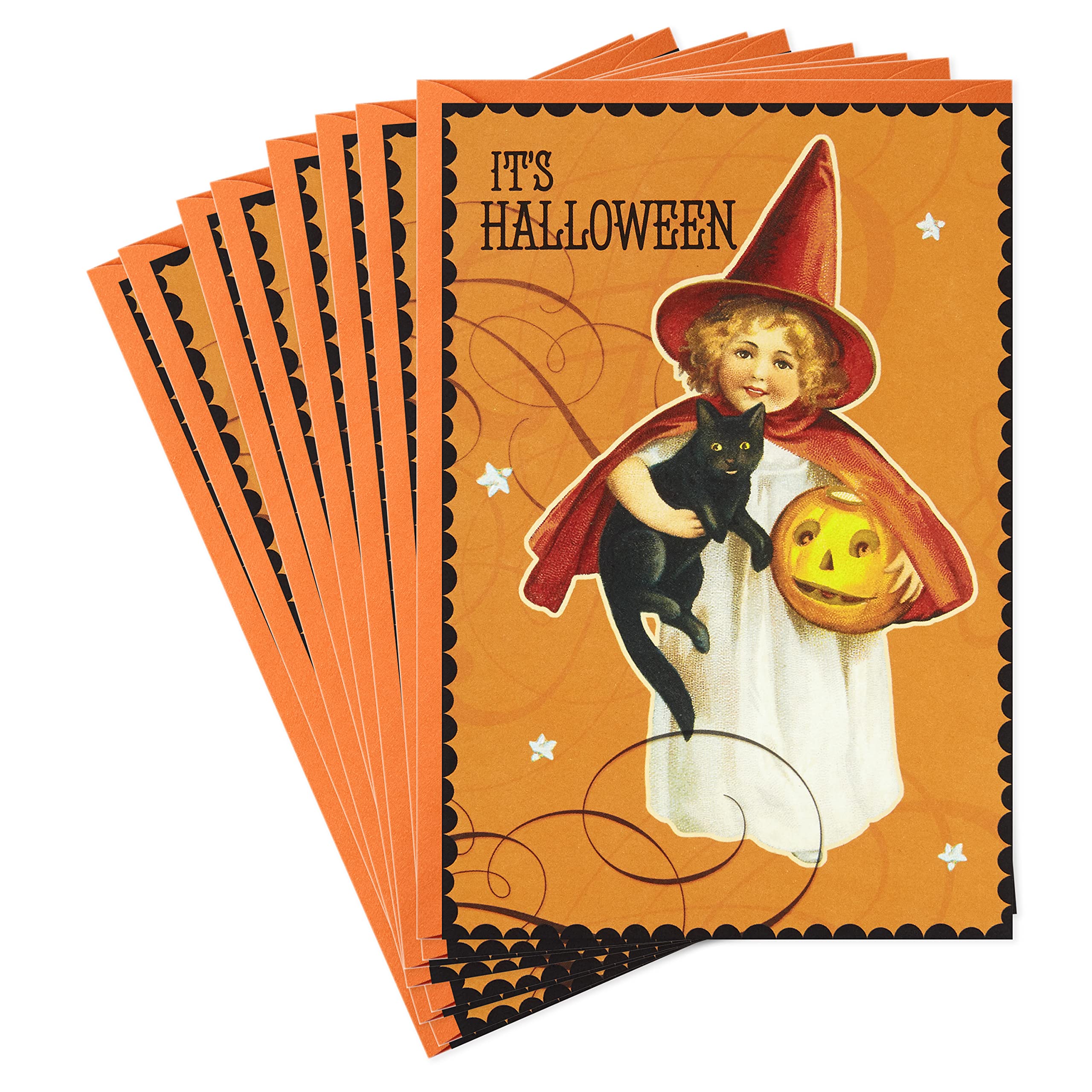 Hallmark Vintage Halloween Cards (8 Cards with Envelopes) Cute Witch with Black Cat and Jack-o-Lantern