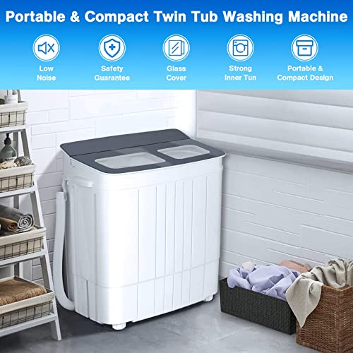 Bonusall Portable Washing Machine Compact 17.6 lbs, Mini 2IN1 Washer and Spin Dryer Combo with Built-in Gravity Drain, Small Twin Tub Washing Machine for Apartment Dorms RV, Grey