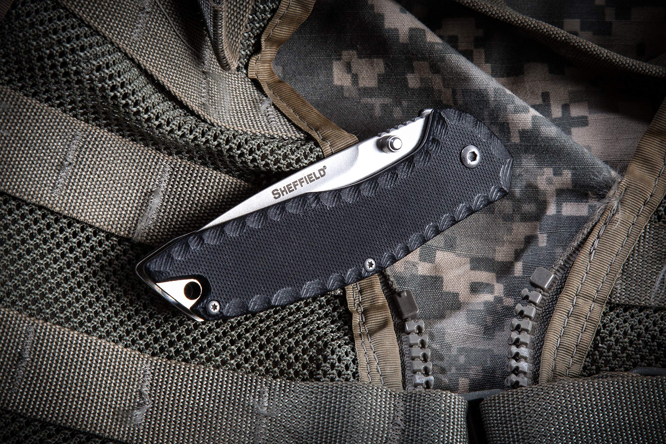 Sheffield 12166 Shiloh Assisted Open Knife, 3.5 Inch Blade Tactical Knife, EDC Knife for Survival Gear, Tactical Gear, Self Defense, Drop Point Blade, G10 Handle