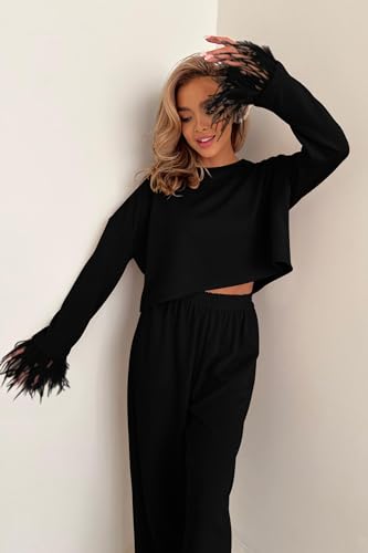 PRETTYGARDEN Women's 2024 Fall 2 Piece Tracksuit Outfits Casual Long Sleeve Pullover Tops And Palazzo Pants Sets (Black,Large)