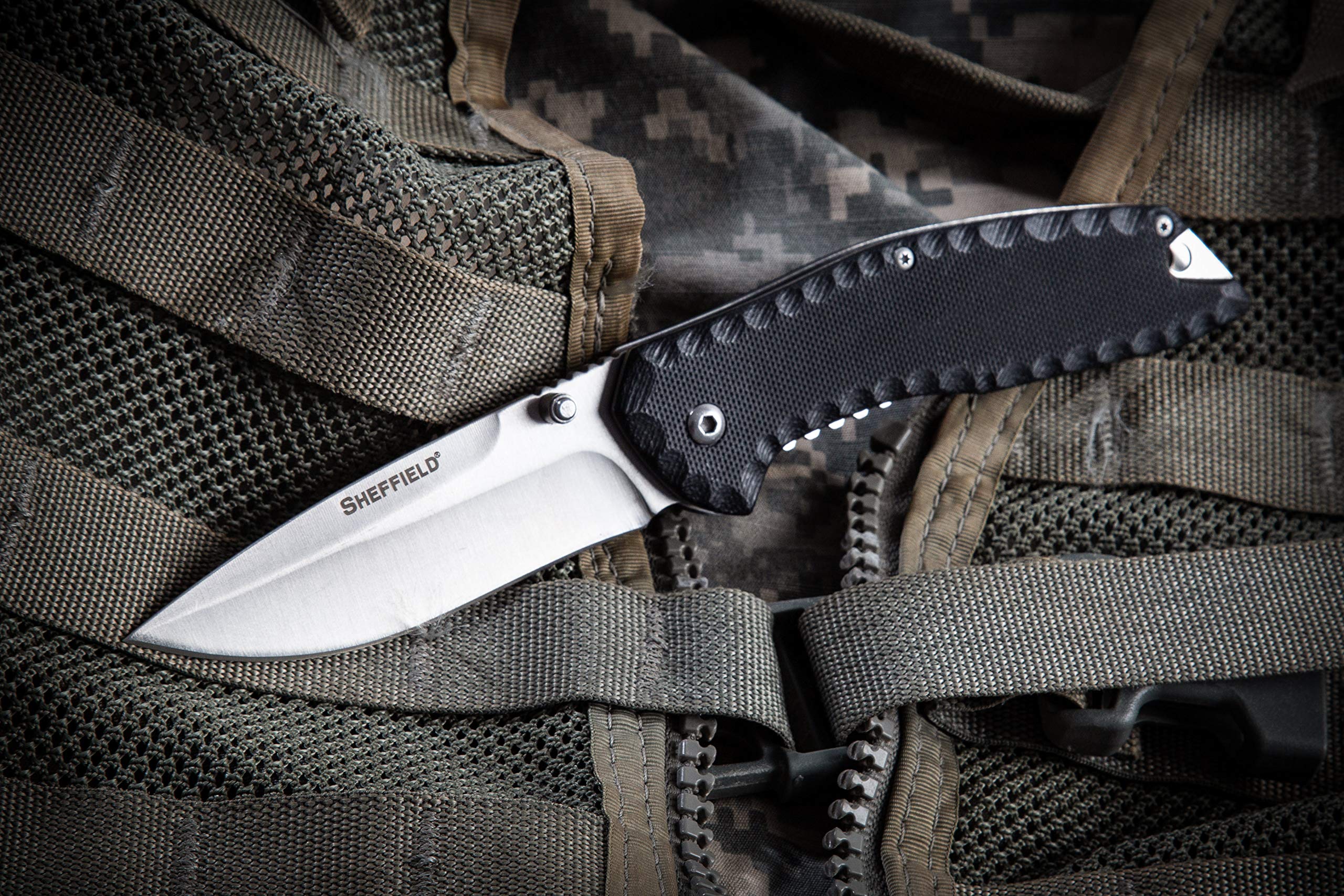 Sheffield 12166 Shiloh Assisted Open Knife, 3.5 Inch Blade Tactical Knife, EDC Knife for Survival Gear, Tactical Gear, Self Defense, Drop Point Blade, G10 Handle