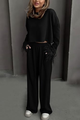 PRETTYGARDEN Women's 2024 Fall 2 Piece Tracksuit Outfits Casual Long Sleeve Pullover Tops And Palazzo Pants Sets (Black,Large)