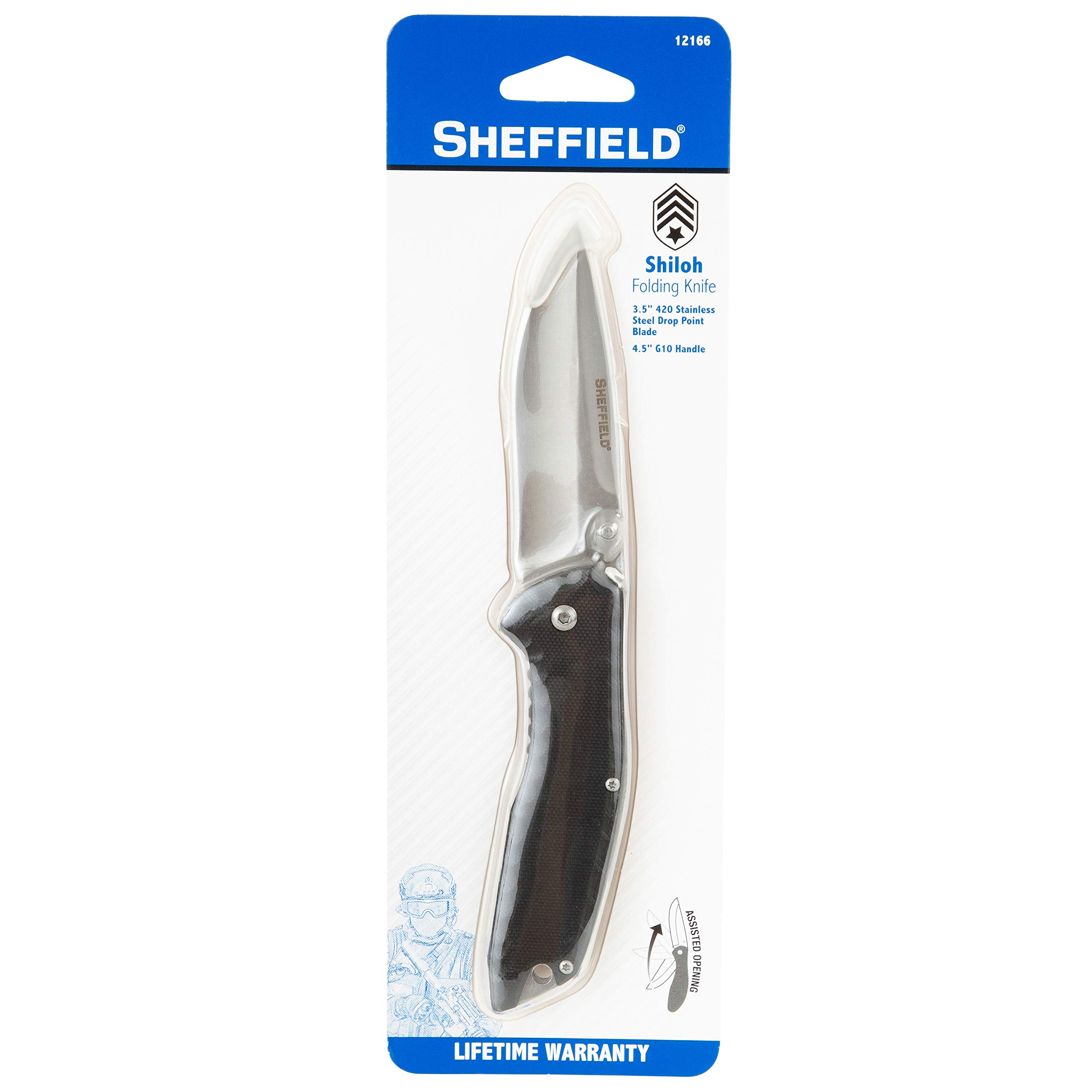 Sheffield 12166 Shiloh Assisted Open Knife, 3.5 Inch Blade Tactical Knife, EDC Knife for Survival Gear, Tactical Gear, Self Defense, Drop Point Blade, G10 Handle