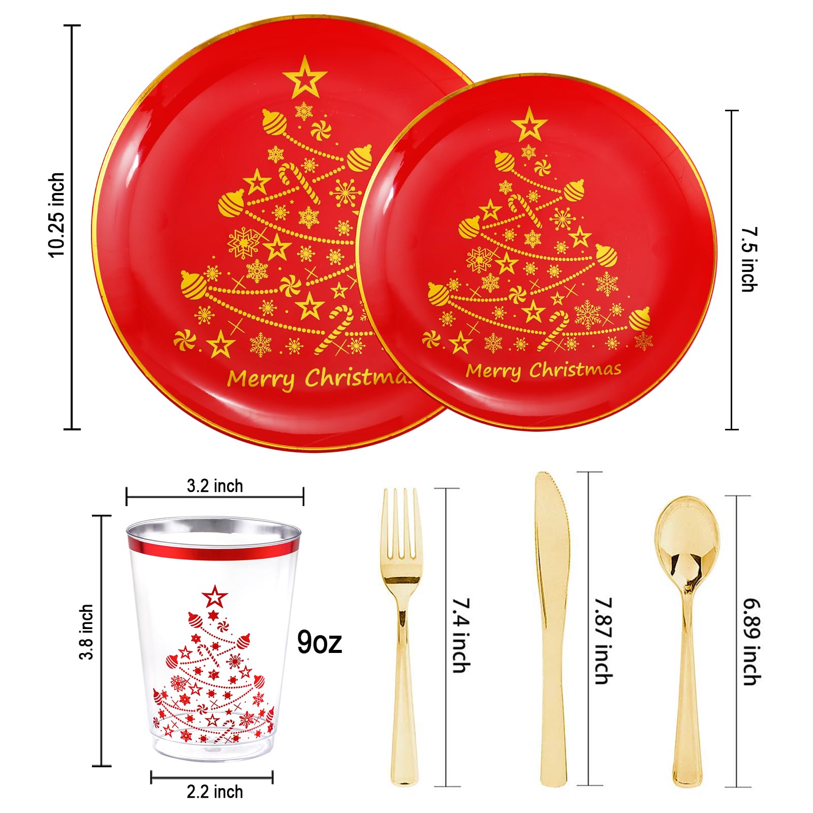LIYH 150 PCS Plastic Christmas Dinnerware Set, Red Plastic Christmas Plates, Disposable Christmas Dinnerware with Christmas Tree Design, Plastic Christmas Silverware, Christmas Cups 25 Guests
