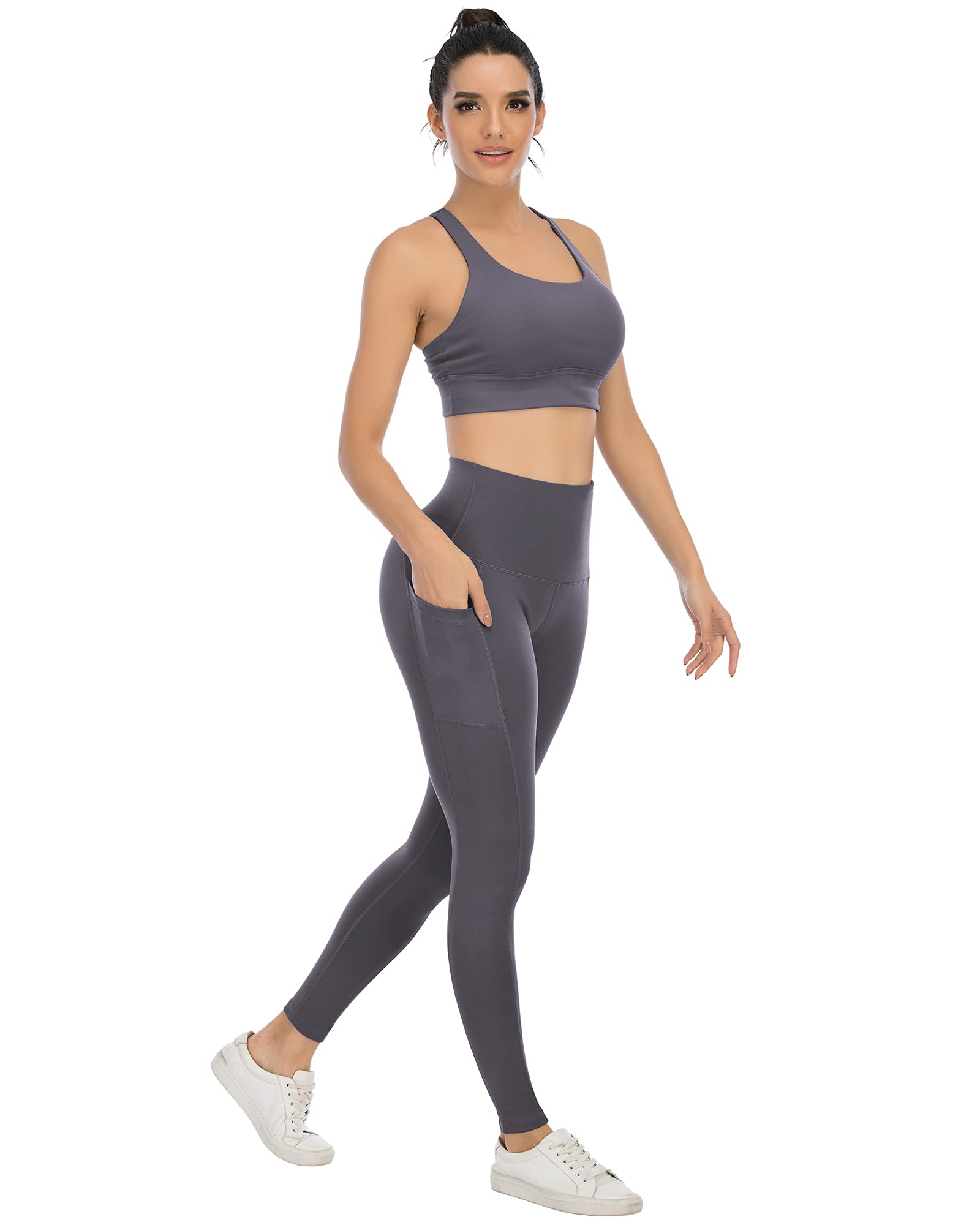 YOUNGCHARM 4 Pack Leggings with Pockets for Women,High Waist Tummy Control Workout Yoga Pants BlackDGrayNavyArmyGreen-M