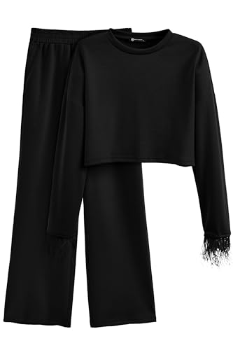 PRETTYGARDEN Women's 2024 Fall 2 Piece Tracksuit Outfits Casual Long Sleeve Pullover Tops And Palazzo Pants Sets (Black,Large)