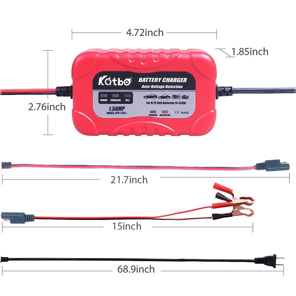 Katbo Battery Charger Automatic Maintainer 6V 12V Automatic Smart for Auto Car Motorcycle Lawn Mower ATVs RVs AGM Gel Lead Acid Batteries