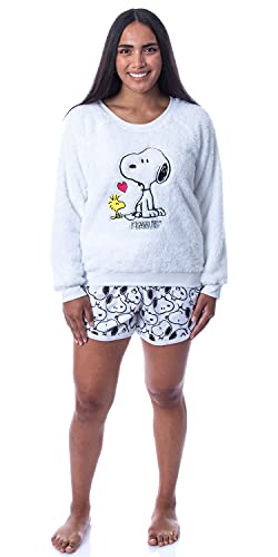 INTIMO Peanuts Womens' Snoopy and Woodstock Sweater and Shorts Sleep Pajama Set (M) White