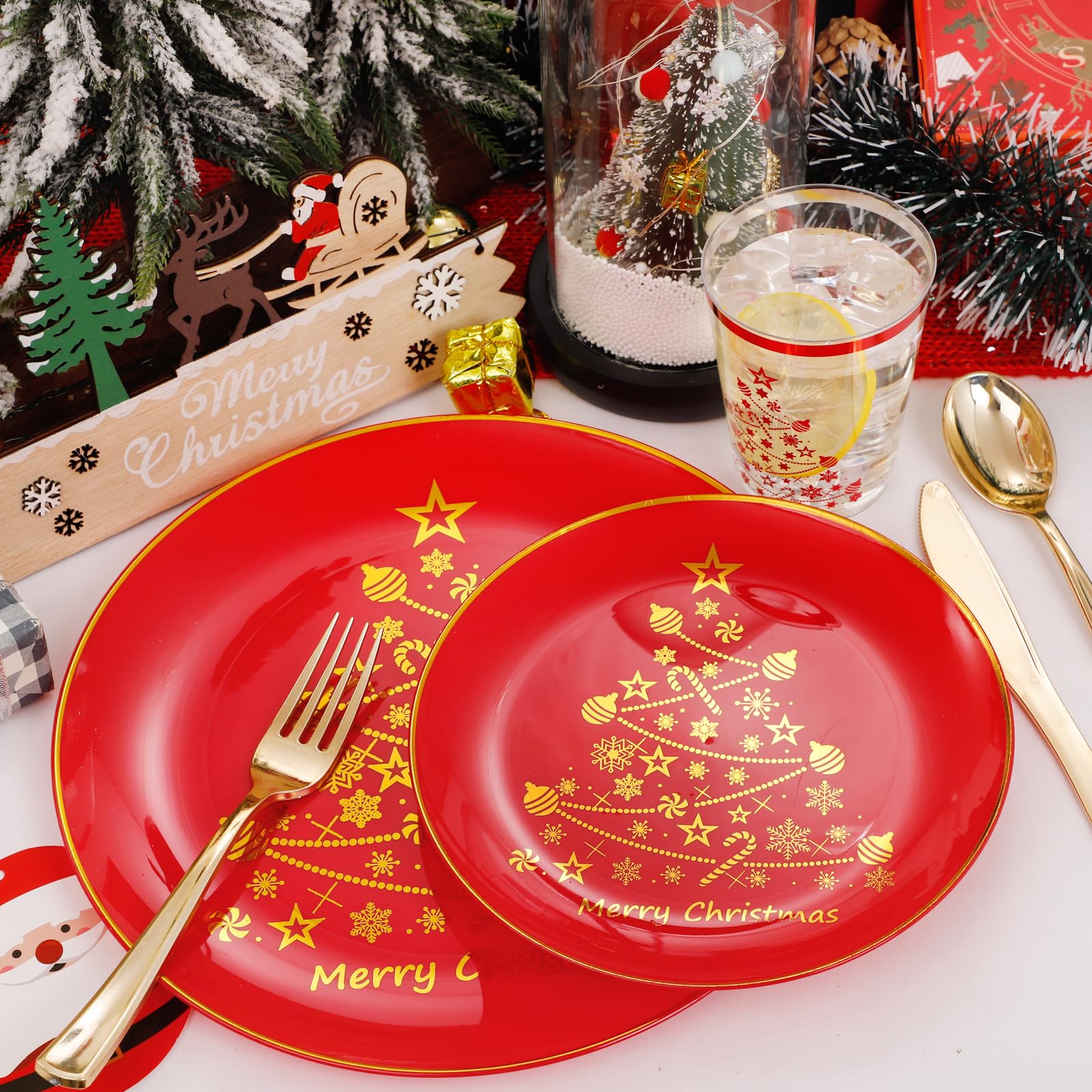 LIYH 150 PCS Plastic Christmas Dinnerware Set, Red Plastic Christmas Plates, Disposable Christmas Dinnerware with Christmas Tree Design, Plastic Christmas Silverware, Christmas Cups 25 Guests