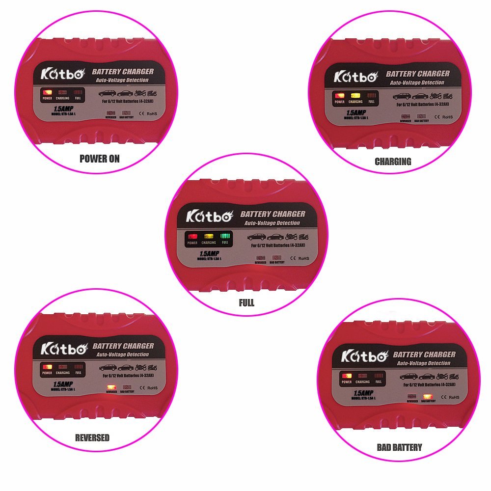 Katbo Battery Charger Automatic Maintainer 6V 12V Automatic Smart for Auto Car Motorcycle Lawn Mower ATVs RVs AGM Gel Lead Acid Batteries