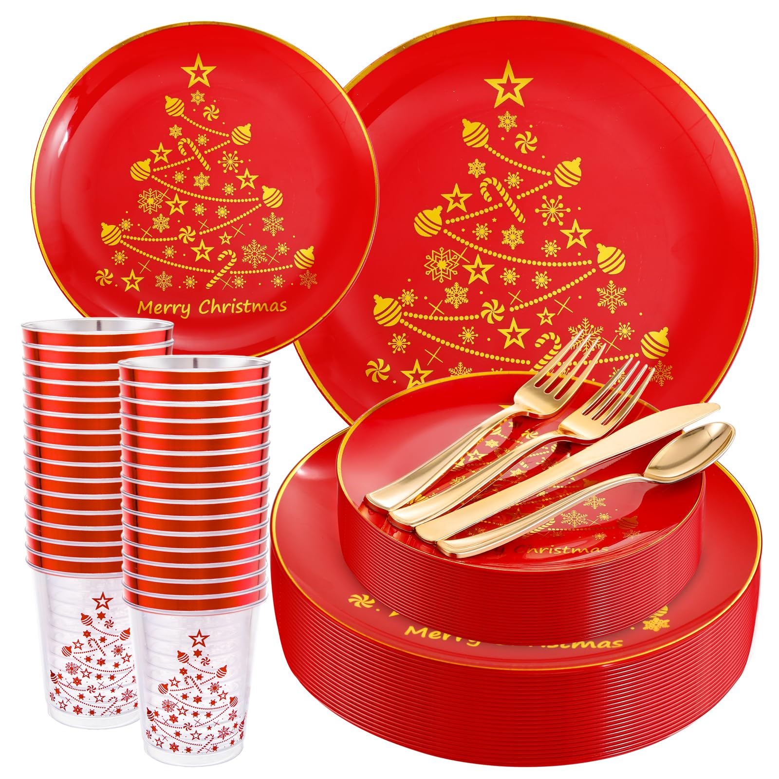 LIYH 150 PCS Plastic Christmas Dinnerware Set, Red Plastic Christmas Plates, Disposable Christmas Dinnerware with Christmas Tree Design, Plastic Christmas Silverware, Christmas Cups 25 Guests