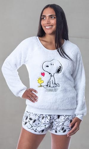INTIMO Peanuts Womens' Snoopy and Woodstock Sweater and Shorts Sleep Pajama Set (M) White