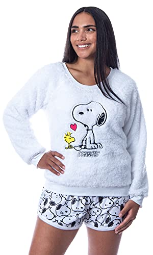 INTIMO Peanuts Womens' Snoopy and Woodstock Sweater and Shorts Sleep Pajama Set (M) White