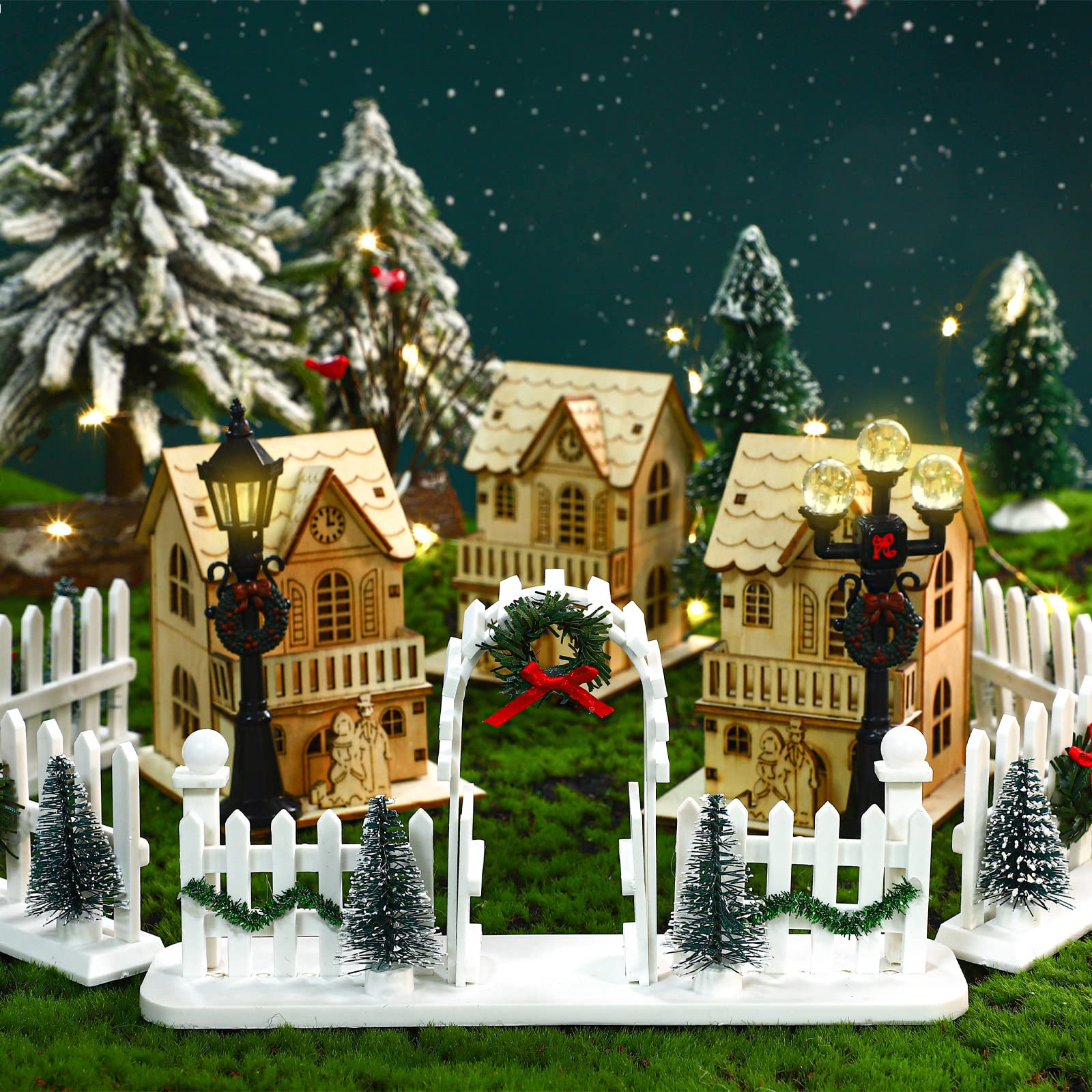 5 Pcs Christmas Village Decorative Fences Entry Gate Lit Figurine Christmas Wreath Tree Picket Fence Snow Accessories for Village Collections Snow Fence Figurine(White Series)