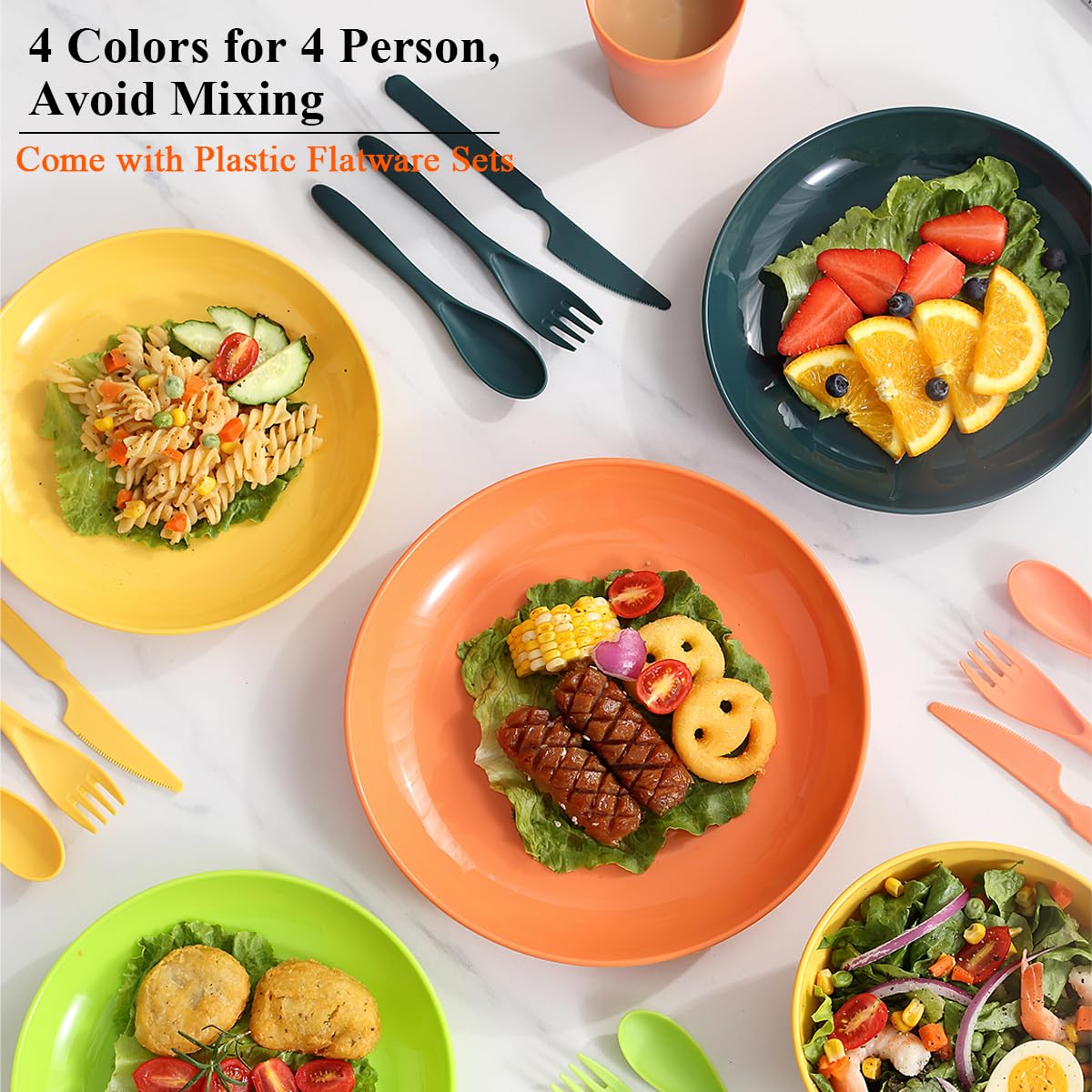 Evanda Plastic Dinnerware Set 28 Piece, Reusable Light Weight Mugs, Bowls, Dishes, Knives, Forks, Spoons for Camping Picnics And Everyday Use, Dishwasher Safe (Mutil Color)