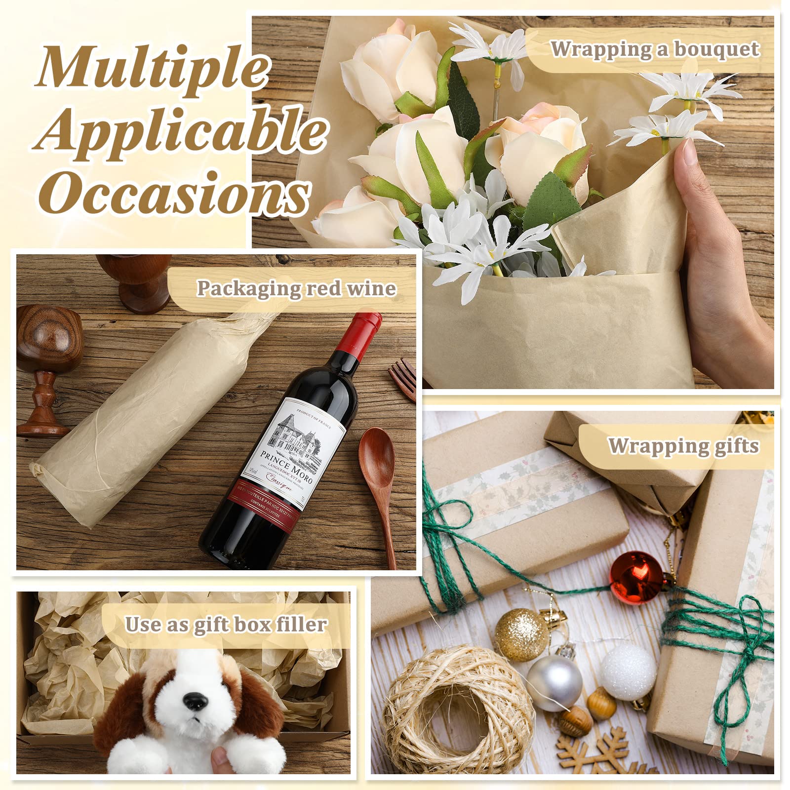 Teling 500 Sheets Kraft Tissue Paper for Gift Bags 14 x 20 Inches Easter Gift Wrapping Tissue Paper Bulk for Weddings Birthday DIY Mother's Day Project Wrapping Crafts Decor(Kraft)