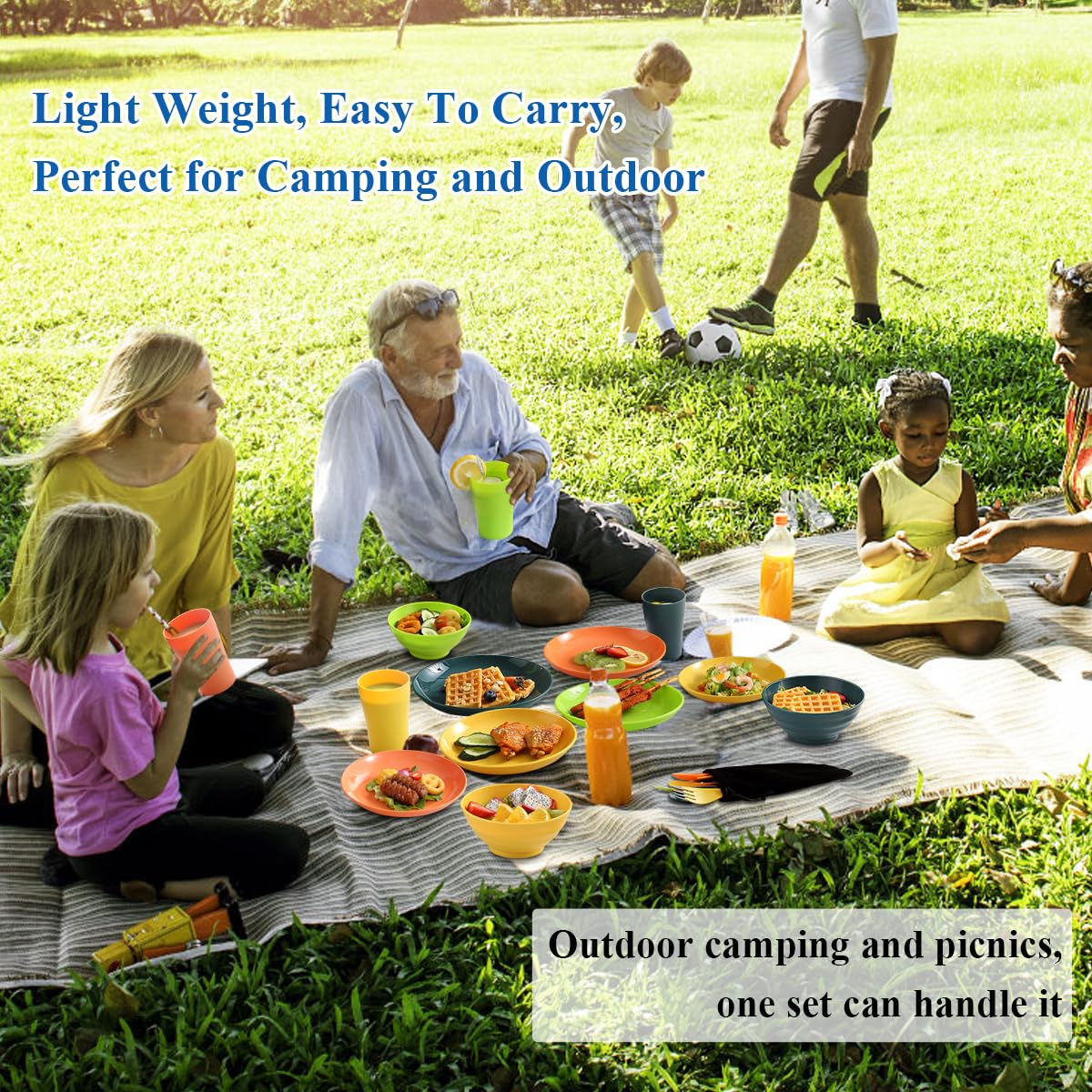 Evanda Plastic Dinnerware Set 28 Piece, Reusable Light Weight Mugs, Bowls, Dishes, Knives, Forks, Spoons for Camping Picnics And Everyday Use, Dishwasher Safe (Mutil Color)