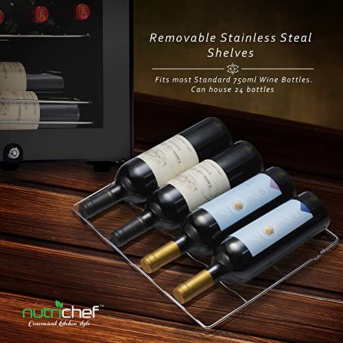 NutriChef 24 Bottle Compressor Wine Cooler Refrigerator Cooling System | Large Freestanding Wine Cellar Fridge For Red And White Champagne or Sparkling, Black Glass Door