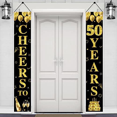 50th Birthday Door Banner Decorations for Men Women, Black Gold Cheers to 50 Years Door Porch Sign Party Supplies, Happy Fifty Anniversary Backdrop Decor for Indoor Outdoor