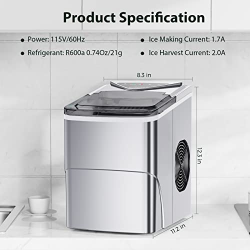Ice Makers Countertop, Self-Cleaning Function, Portable Electric Ice Cube Maker Machine, 9 Ice Cubes Ready in 6 Mins, 26lbs 24Hrs with Ice Bags and Ice Scoop Basket for Home Kitchen Office Bar(Silver)