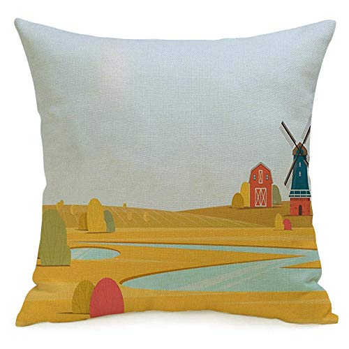 Decorative Square Throw Pillow Cover Grain Wind Rural Design Summer with Farm Land Landscape Harvest Village Old Windmill Parks Outdoor Linen Cozy Cushion Case for Car Couch Lving Room 20x20 Inch
